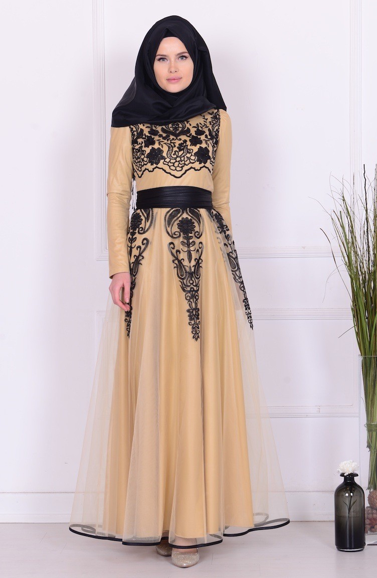 Gold Hijab Evening Dress 1077-01 | Sefamerve