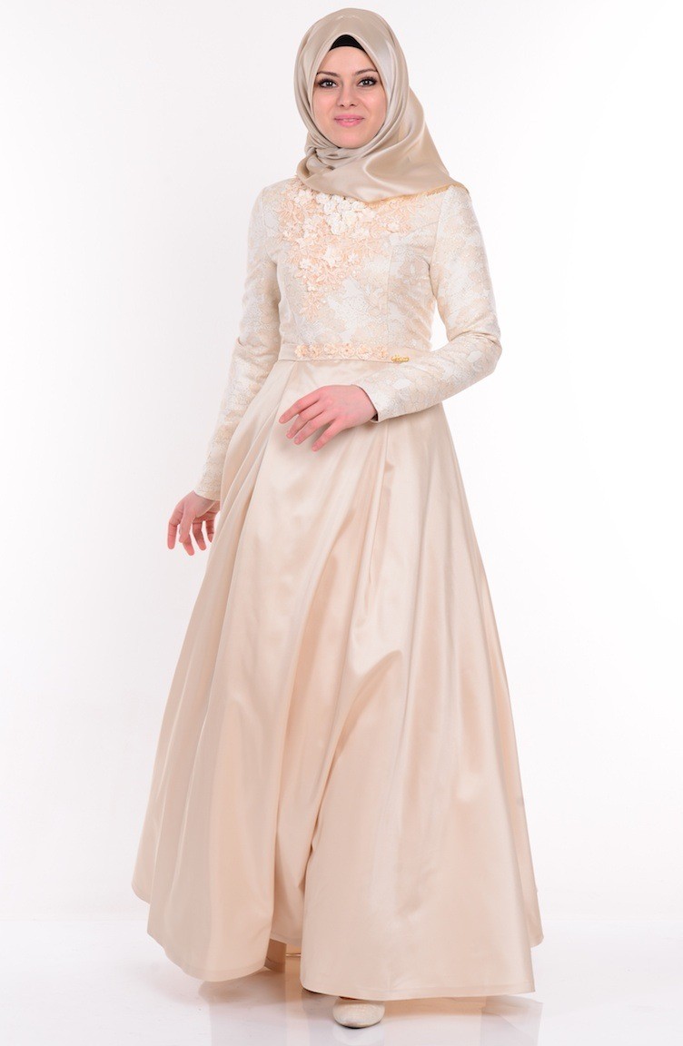 Cream Hijab Evening Dress 9455-01 | Sefamerve