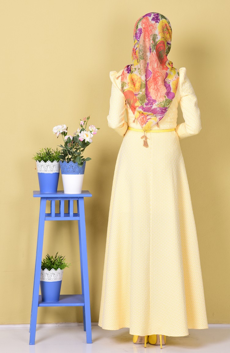 Yellow Hijab Evening Dress 7102-06 | Sefamerve
