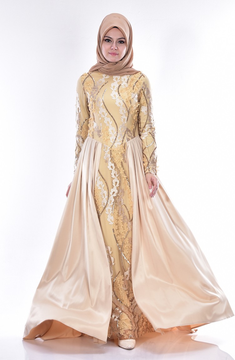 Gold Hijab Evening Dress 0394-06 | Sefamerve