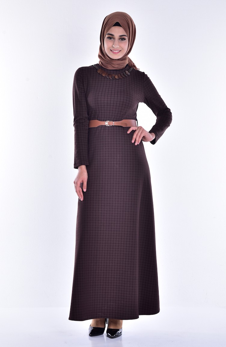 Desenli Kemerli Elbise 6021-05 Kahverengi | Sefamerve