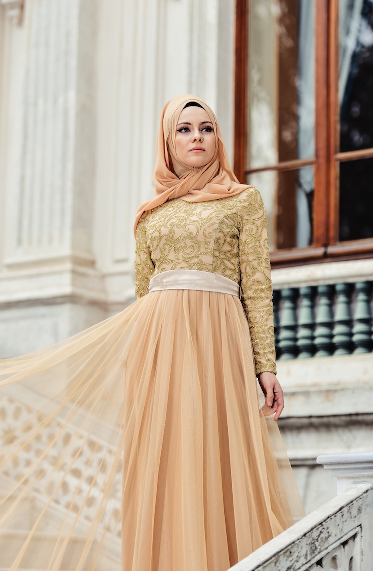 Gold Hijab Evening Dress 9550-01 | Sefamerve