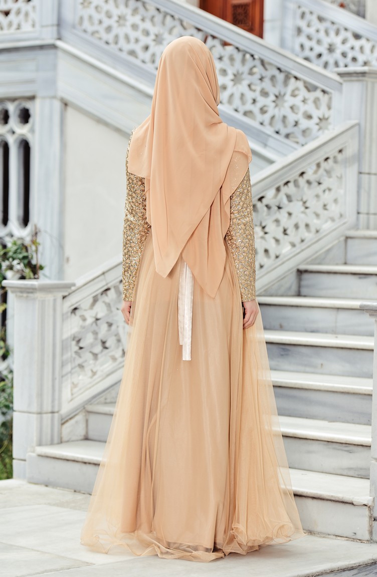 Gold Hijab Evening Dress 9552-01 | Sefamerve
