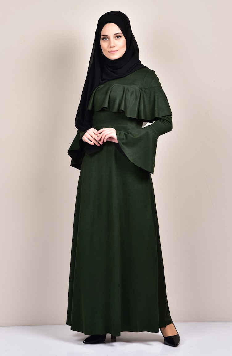 Army Green Hijab Dress 4008-21 | Sefamerve