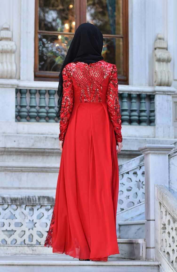 Red Hijab Evening Dress 7817-03 | Sefamerve