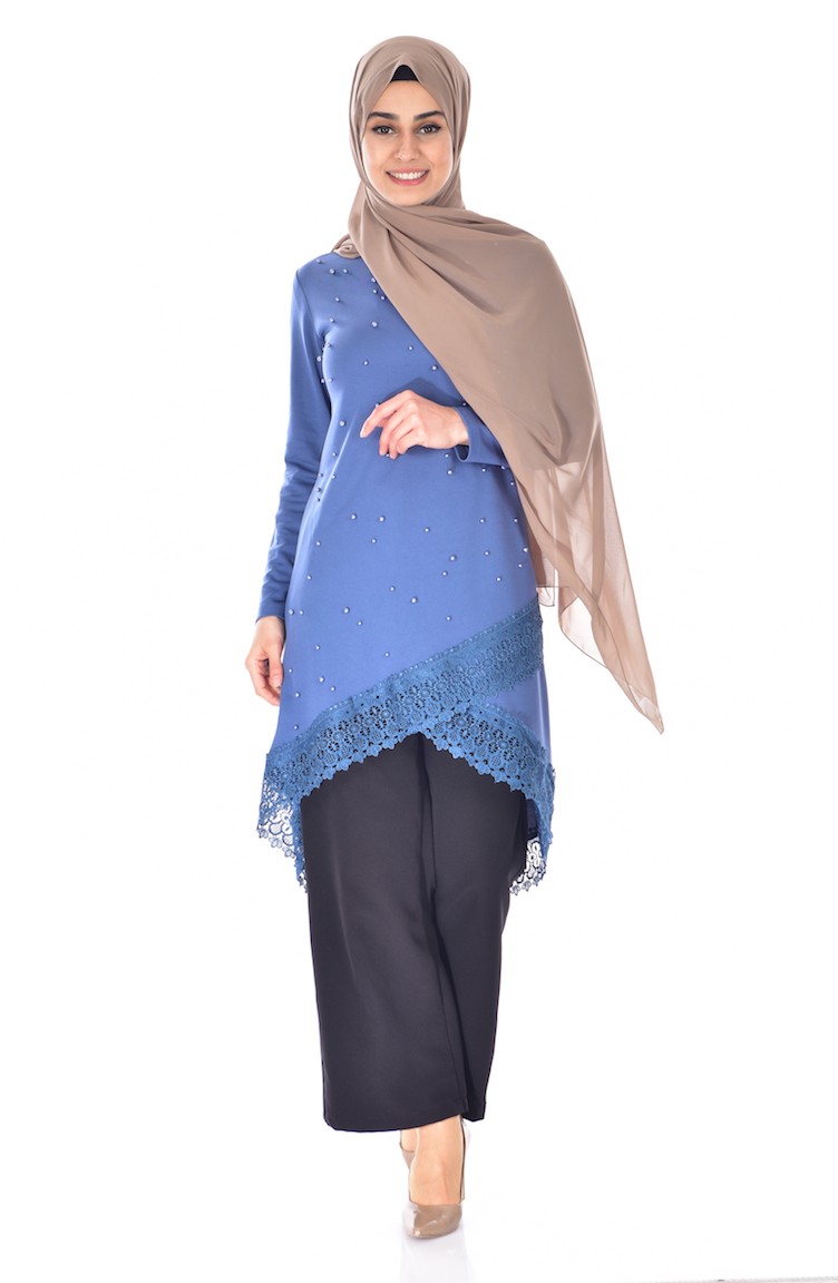 İncili Asimetrik Tunik 50138-01 İndigo | Sefamerve