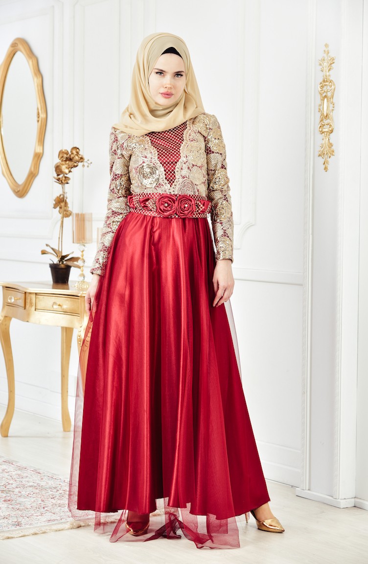 Claret Red Hijab Evening Dress 2715A-01 | Sefamerve