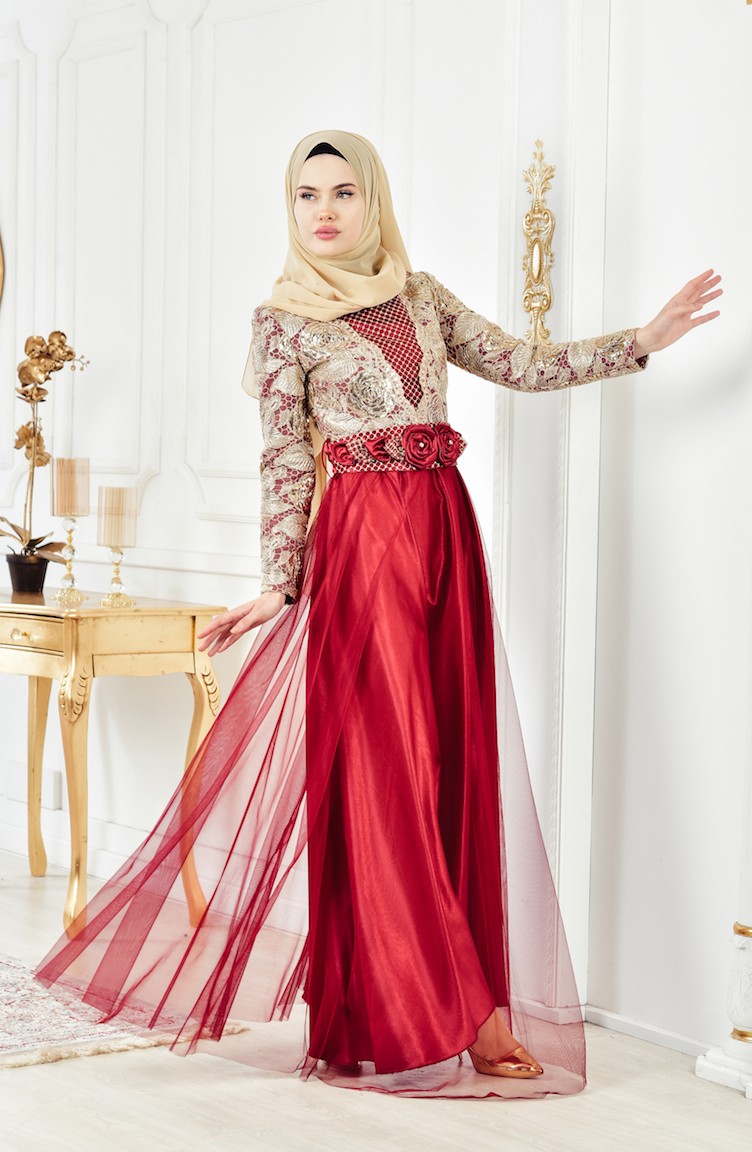 Claret Red Hijab Evening Dress 2715A-01 | Sefamerve