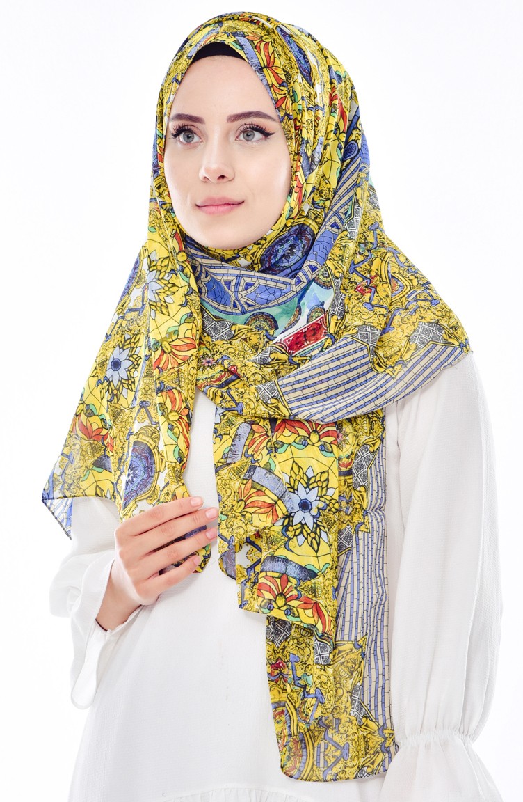 Patterned Chiffon Shawl 99208-02 Yellow 99208-02 | Sefamerve