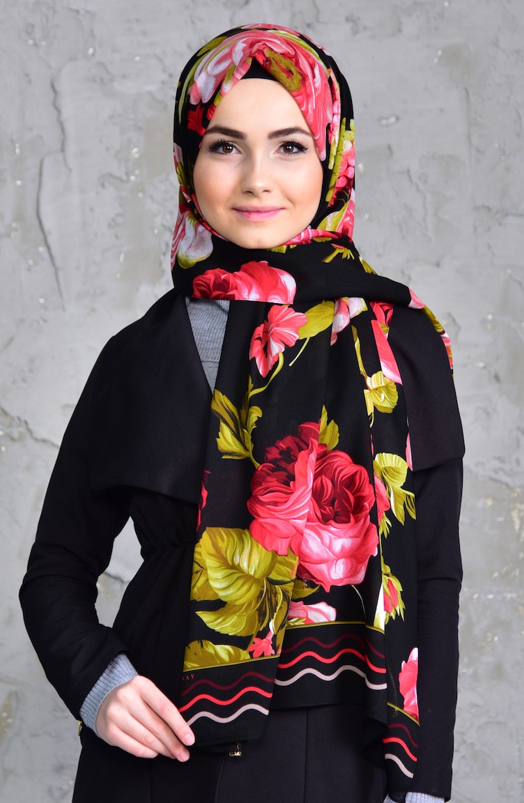 Flower Patterned Chiffon Shawl 60078-12 Burgundy Green 60078-12 | Sefamerve