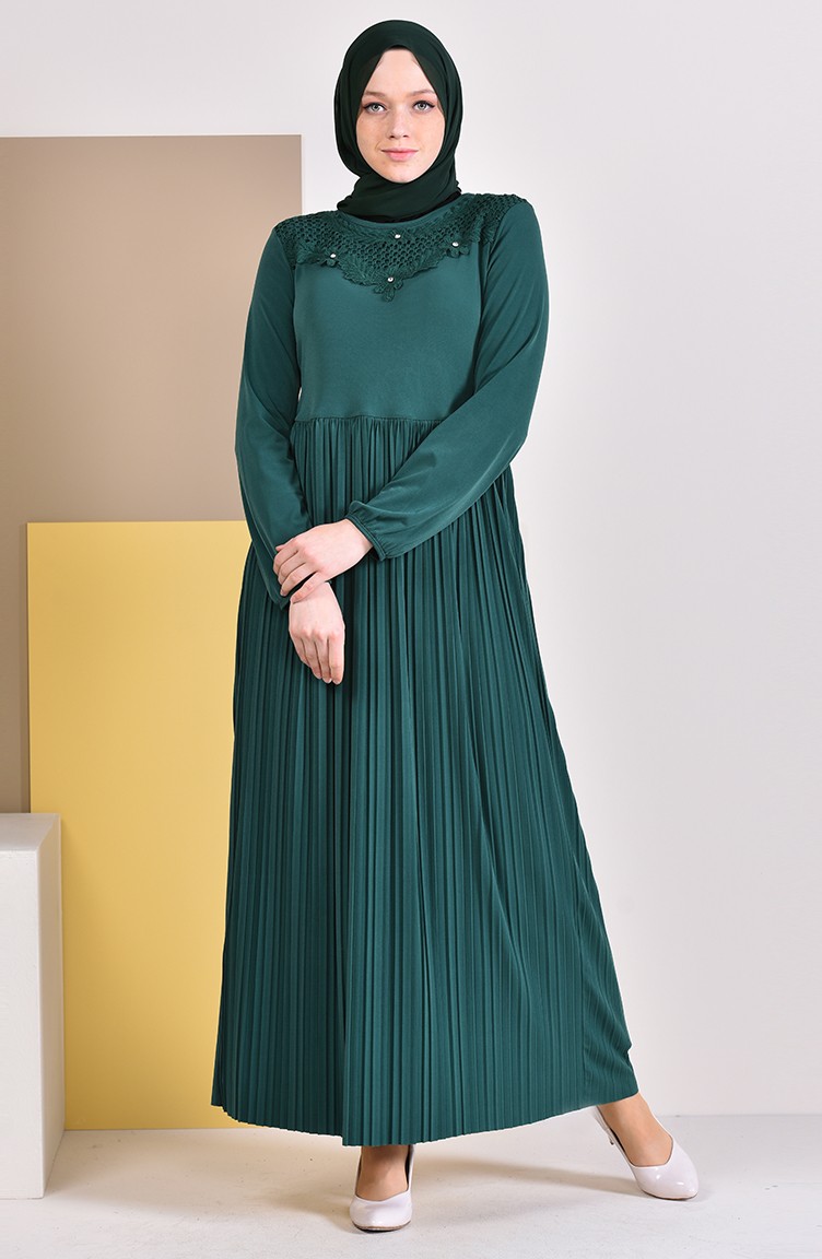 YNS Lace Detailed Sandy Dress 4133-03 Emerald Green 4133-03 | Sefamerve