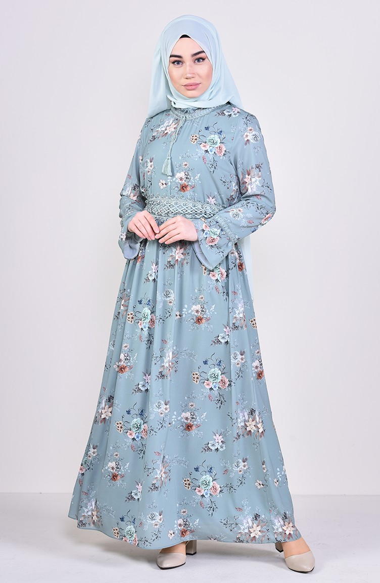 Patterned Chiffon Dress 6275-03 Green 6275-03 | Sefamerve