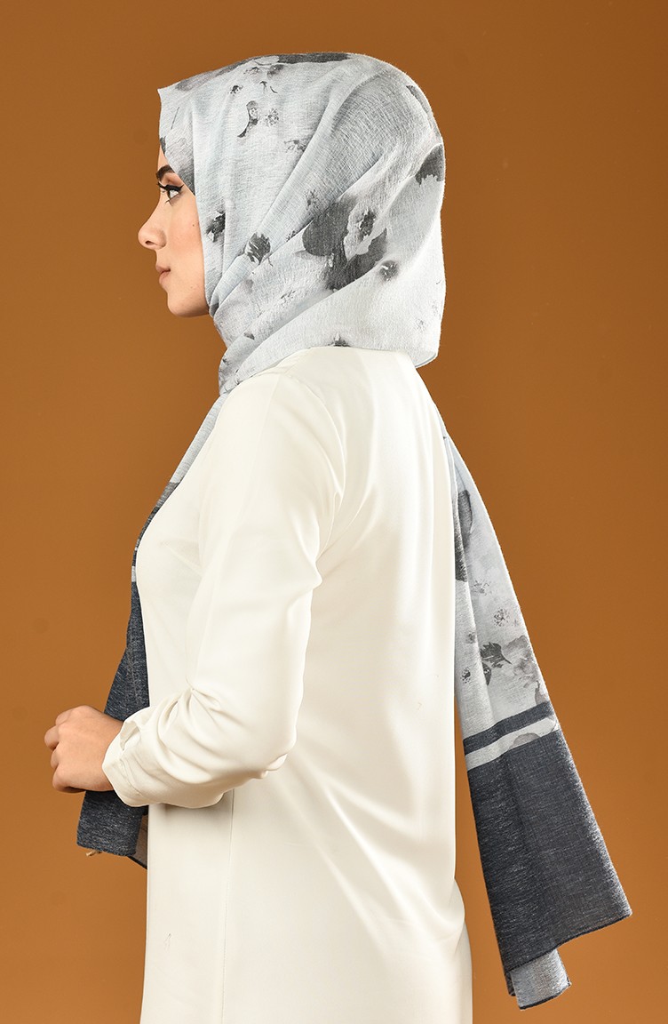 Autumn Patterned Cotton Shawl Navy Blue 25-0502-06 | Sefamerve