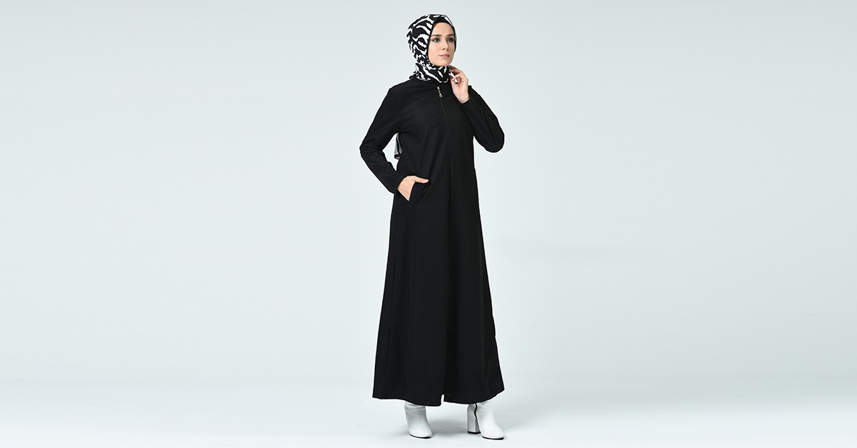 Samt Hijab-Mantel mit Reissverschluss 0022-01 Schwarz 0022-01 | Sefamerve