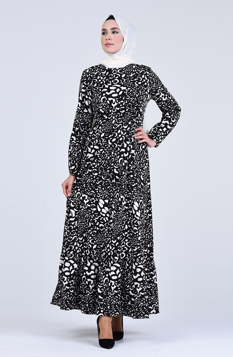 Elastic Sleeve Patterned Dress 0016-02 Black 0016-02 | Sefamerve
