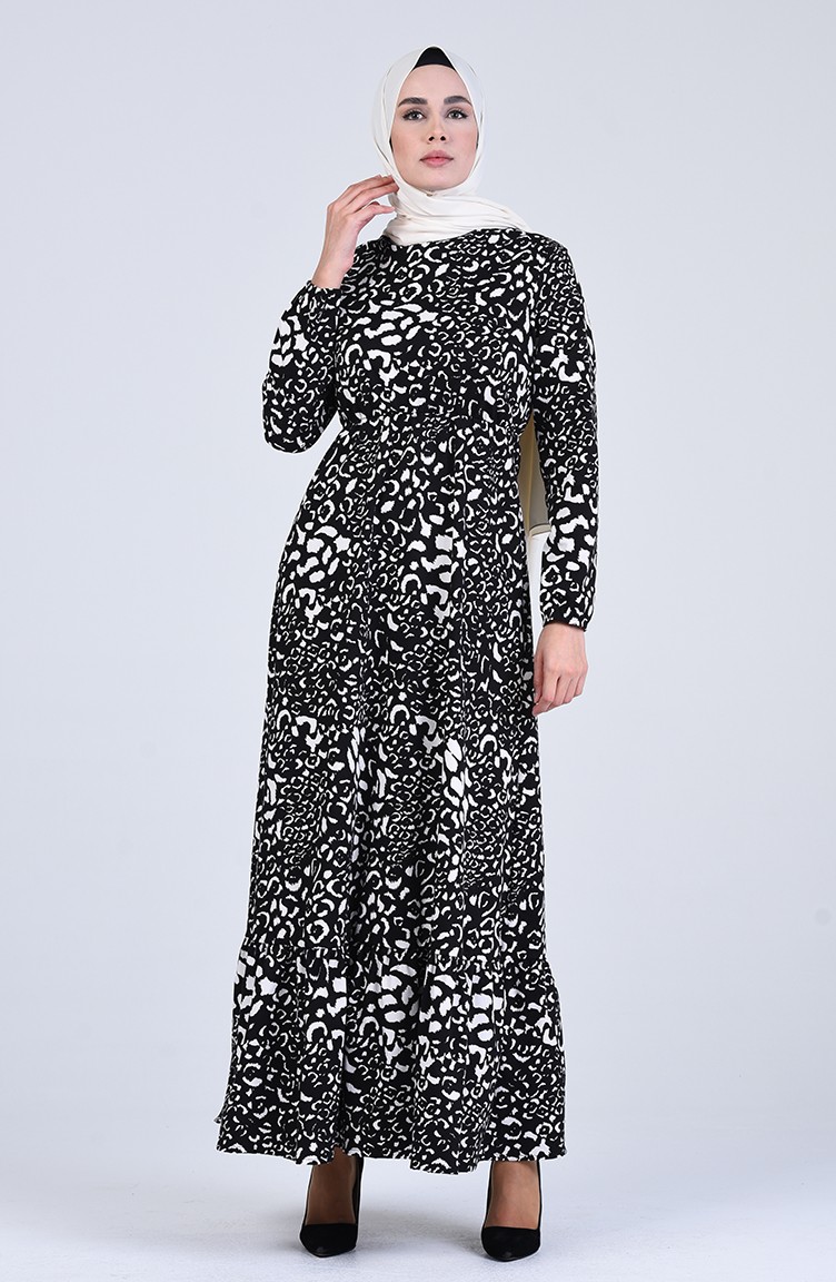 Elastic Sleeve Patterned Dress 0016-02 Black 0016-02 | Sefamerve
