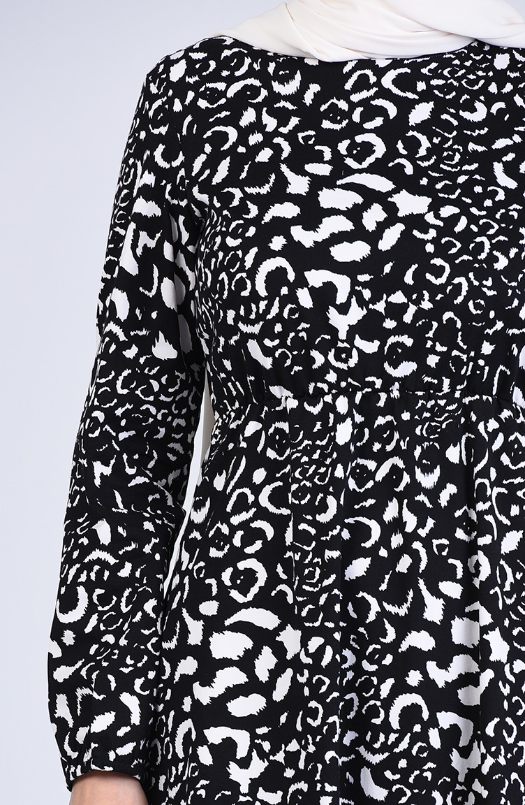 Elastic Sleeve Patterned Dress 0016-02 Black 0016-02 | Sefamerve