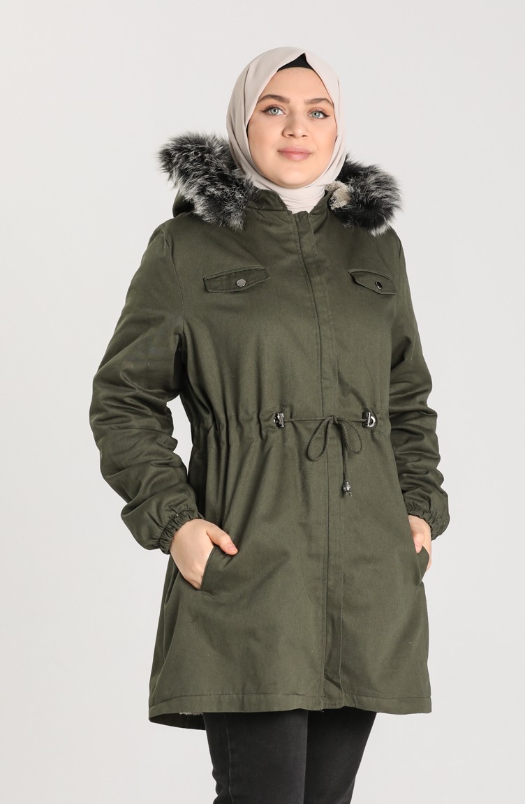 Plus Size Furry Short Coat 0510-09 Khaki 0510-09 | Sefamerve