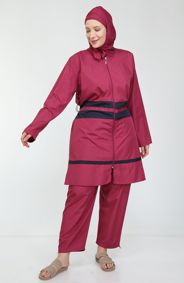 Şerit Detaylı Büyük Beden Tesettür Mayo 9742 Şarabi | Sefamerve