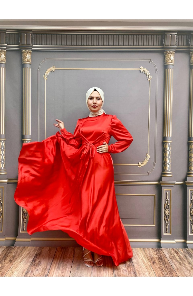 Red Hijab Evening Dress 8025-02 | Sefamerve