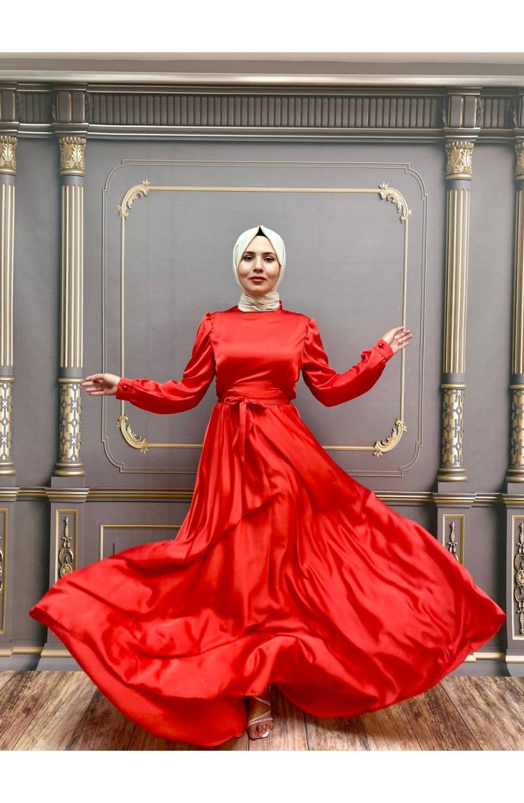 Red Hijab Evening Dress 8025-02 | Sefamerve