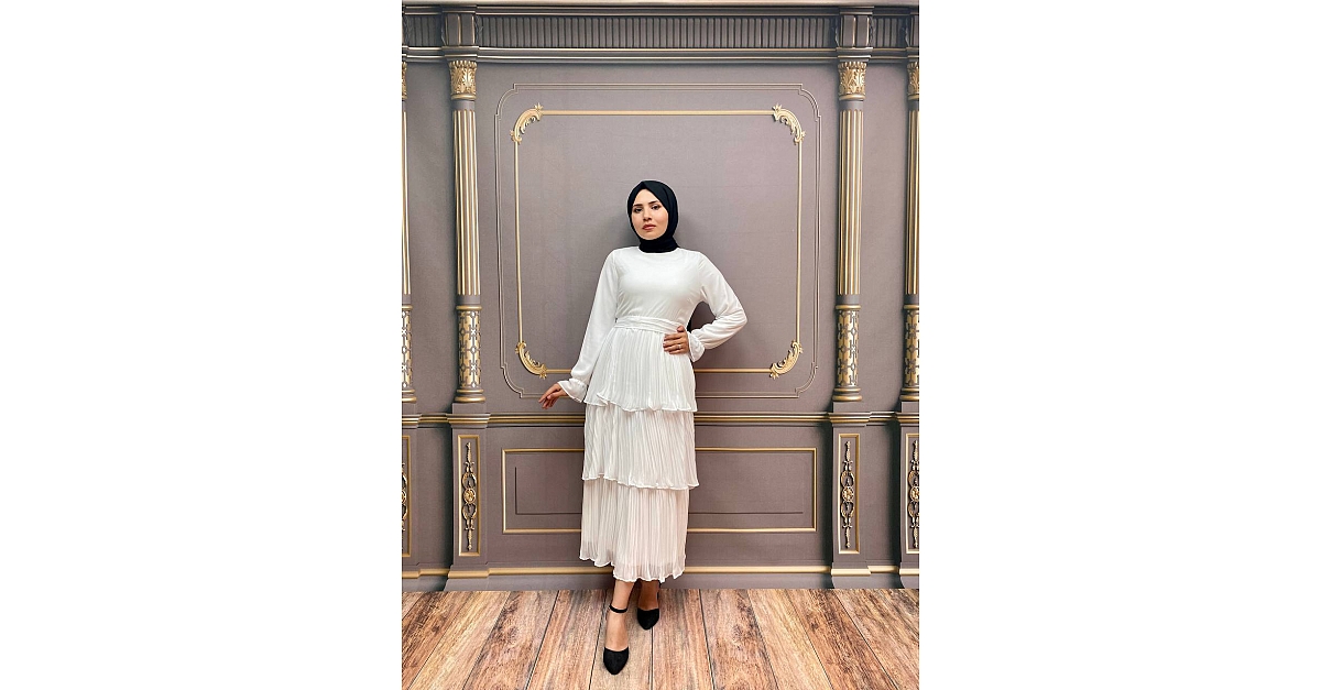 Katlat Modelli Şifon Elbise 8002-02 Beyaz | Sefamerve