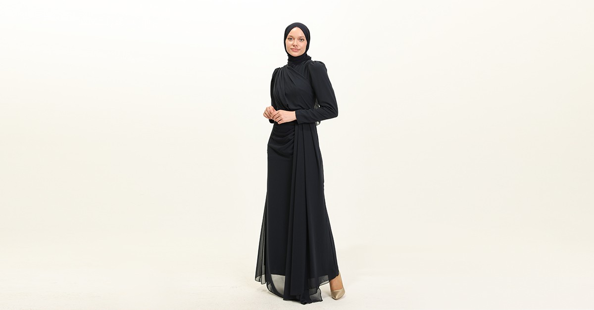 Navy Blue Hijab Evening Dress 5736-06 | Sefamerve