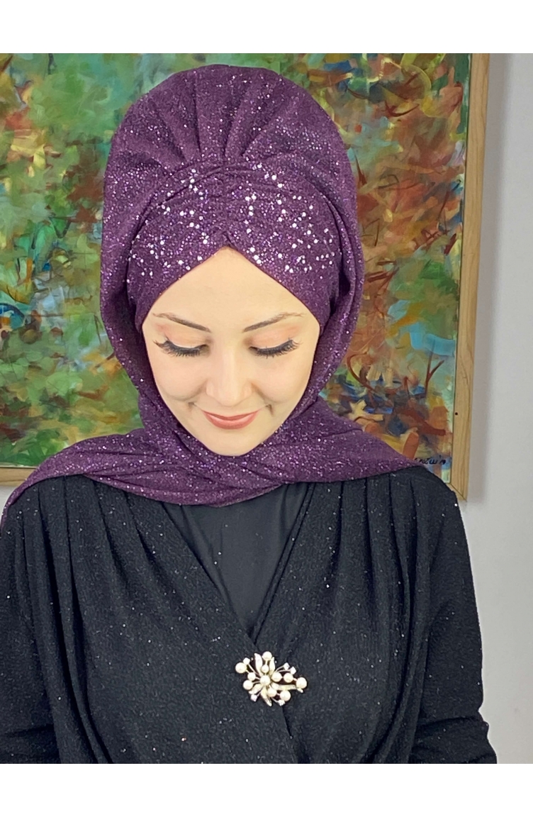 Sultan Model Silvery Chiffon Gathered Shawl SEARCH17SHAL38-01 Purple ...