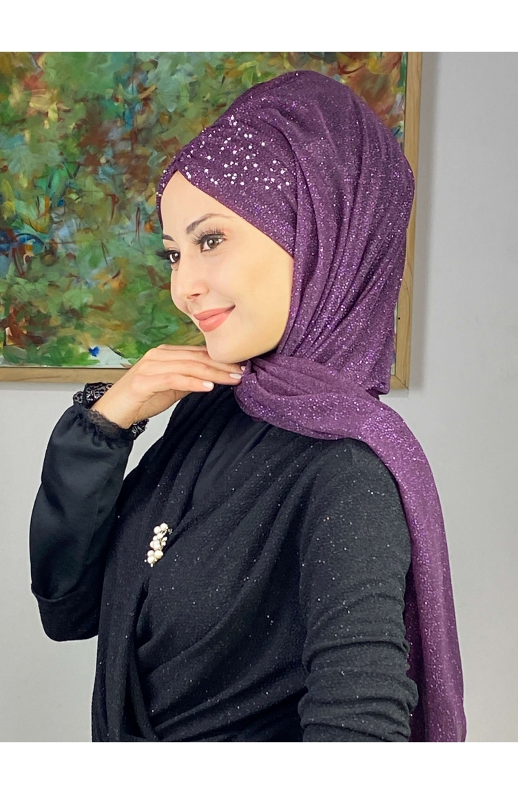 Sultan Model Silvery Chiffon Gathered Shawl SEARCH17SHAL38-01 Purple ...