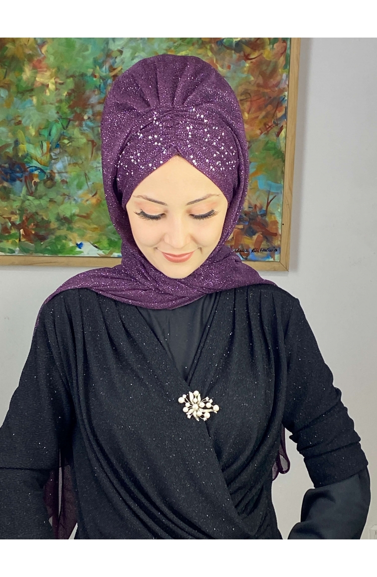 Sultan Model Silvery Chiffon Gathered Shawl SEARCH17SHAL38-01 Purple ...