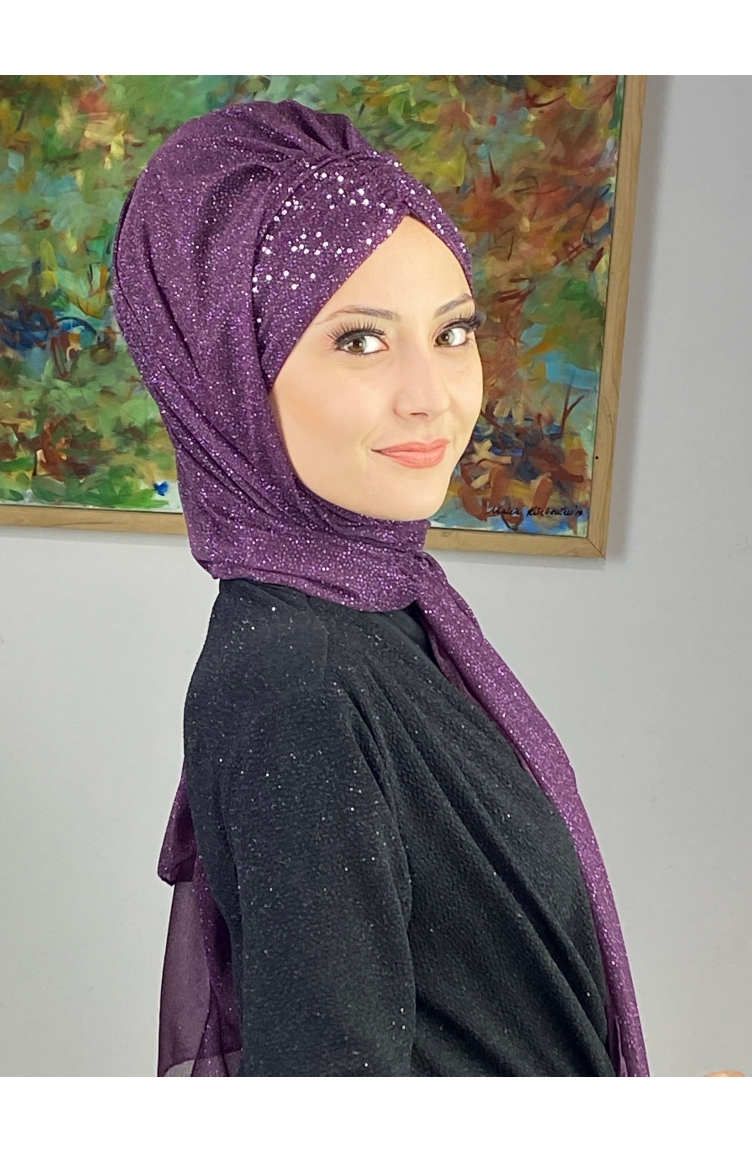 Sultan Model Silvery Chiffon Gathered Shawl SEARCH17SHAL38-01 Purple ...