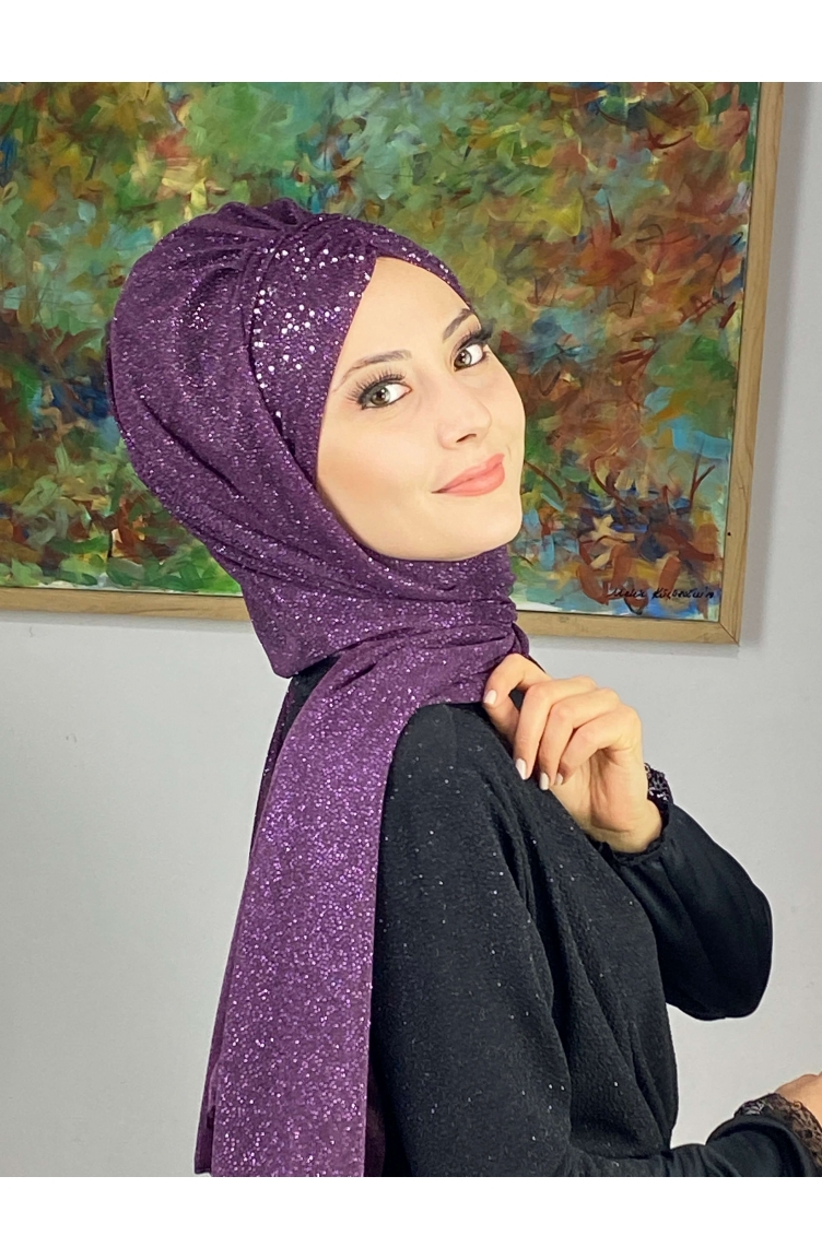 Sultan Model Silvery Chiffon Gathered Shawl SEARCH17SHAL38-01 Purple ...
