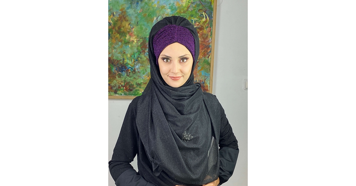 Double Color Sultan Model Glitter Chiffon Gathered Shawl ARA17SAL52-10 Black Purple 17SAL52-10 ...