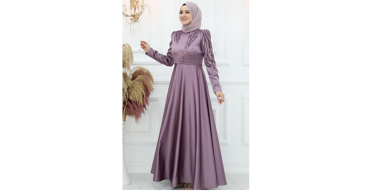 Amine Hüma Zeren Satin Evening Dress Lavender 3054 | Sefamerve