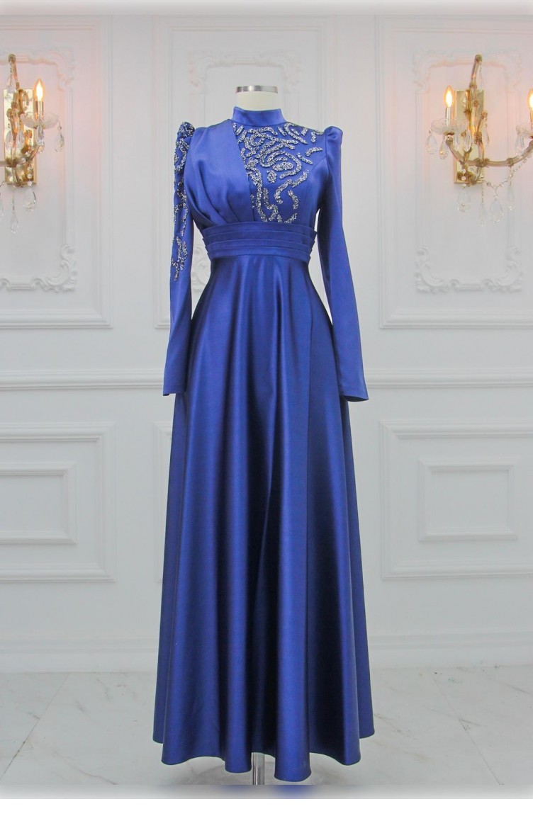 Amine Hüma Rümeysa Satin Evening Dress Indigo 3107 | Sefamerve