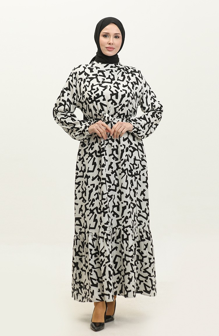 Eslem Geometrik Desen Viskon Elbise 0321-04 Beyaz Siyah | Sefamerve