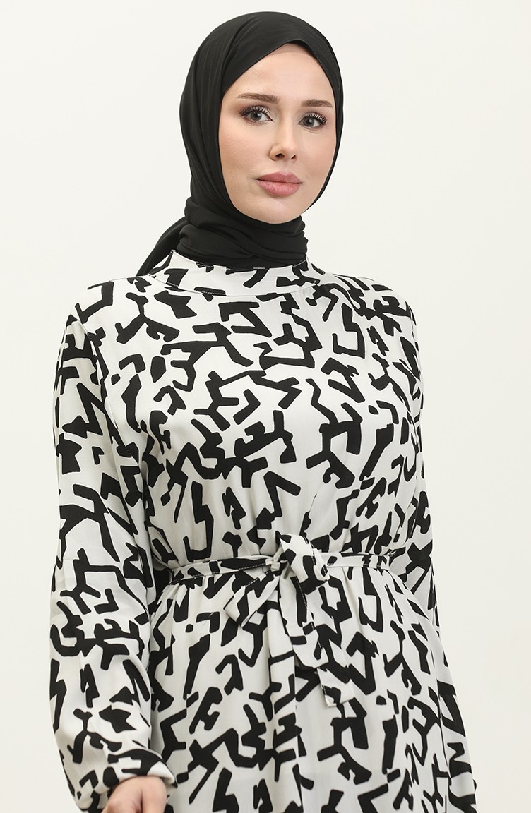 Eslem Geometrik Desen Viskon Elbise 0321-04 Beyaz Siyah | Sefamerve