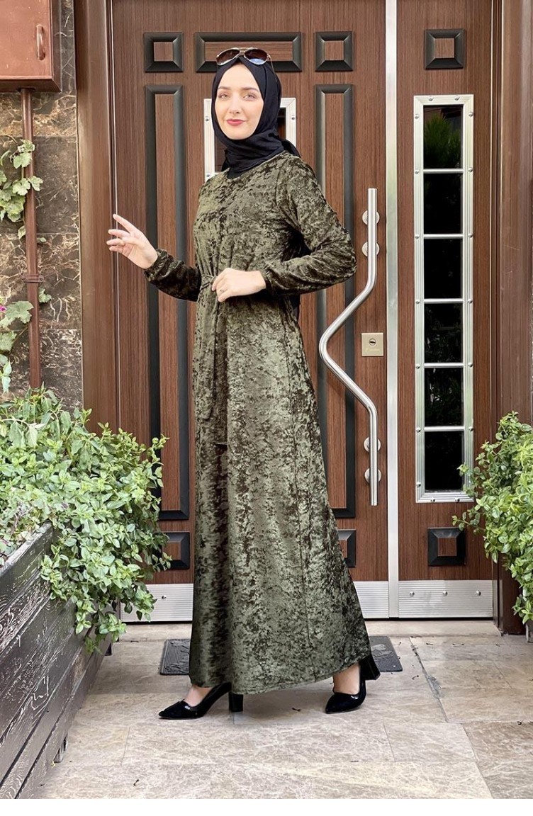 1812Cvn Belted Velvet Dress Khaki 7334 | Sefamerve