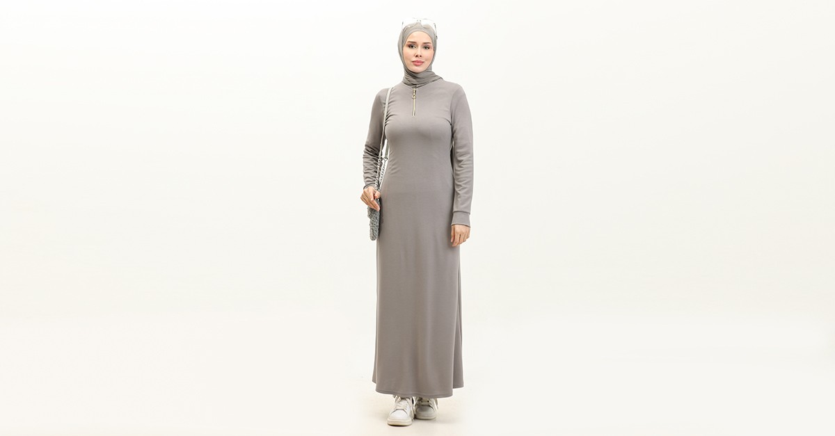 Fermuarlı Elbise 2144C-01 Gri | Sefamerve