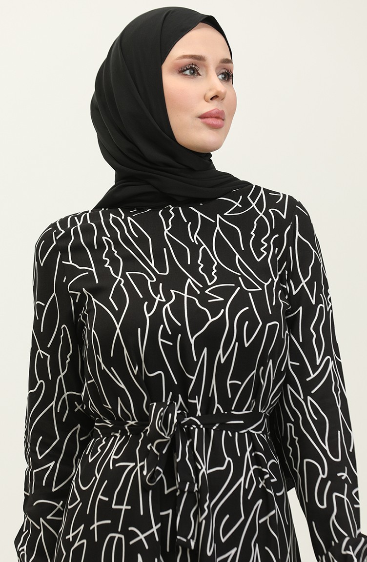 Mixed Pattern Belted Viscose Dress 2067-01 Black 2067-01 | Sefamerve