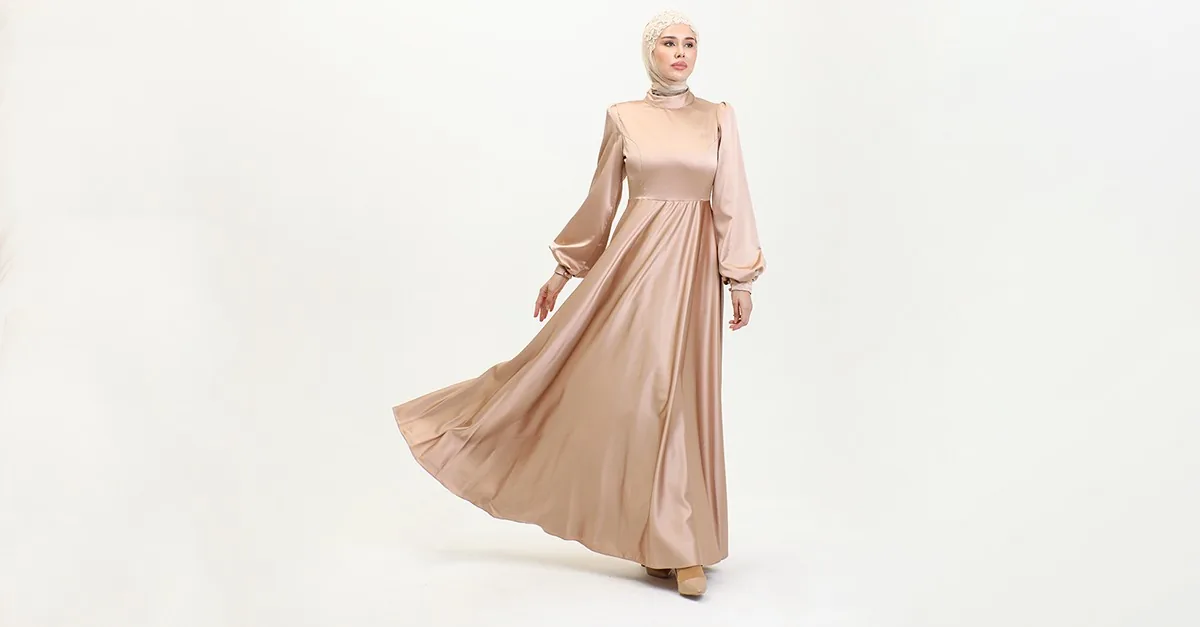 Kuplu Saten Abiye Elbise 52895-01 Vizon | Sefamerve