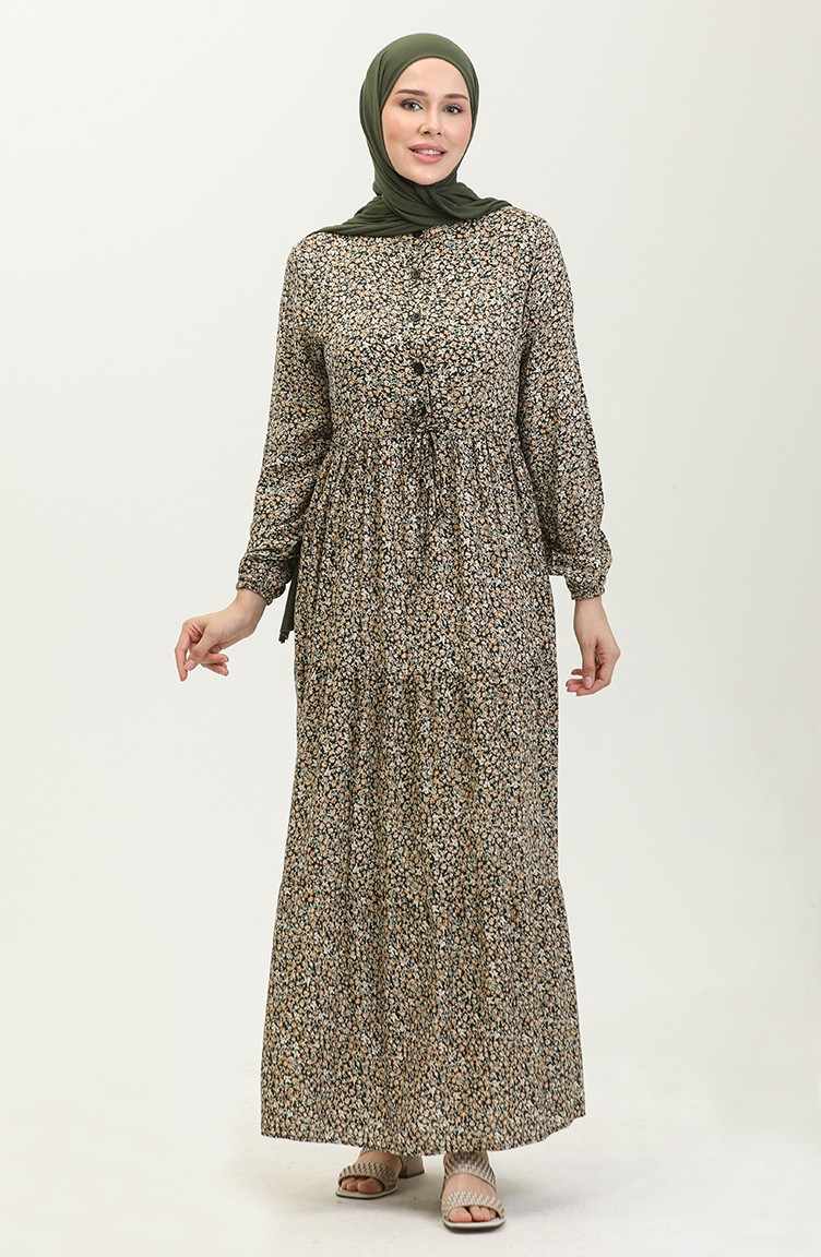 Düğmeli Viskon Elbise 0428-02 Haki Vizon | Sefamerve