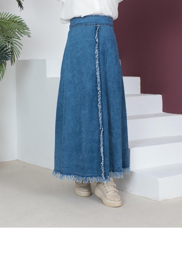 Ruffle Detailed Hijab Light Snow Wash Denim Skirt 280 | Sefamerve