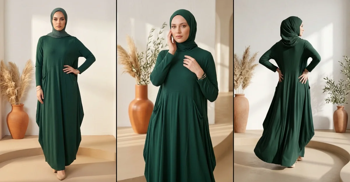 Sandy Fabric Pocketed Hijab Dress 5656-03 Emerald Green 5656-03 | Sefamerve