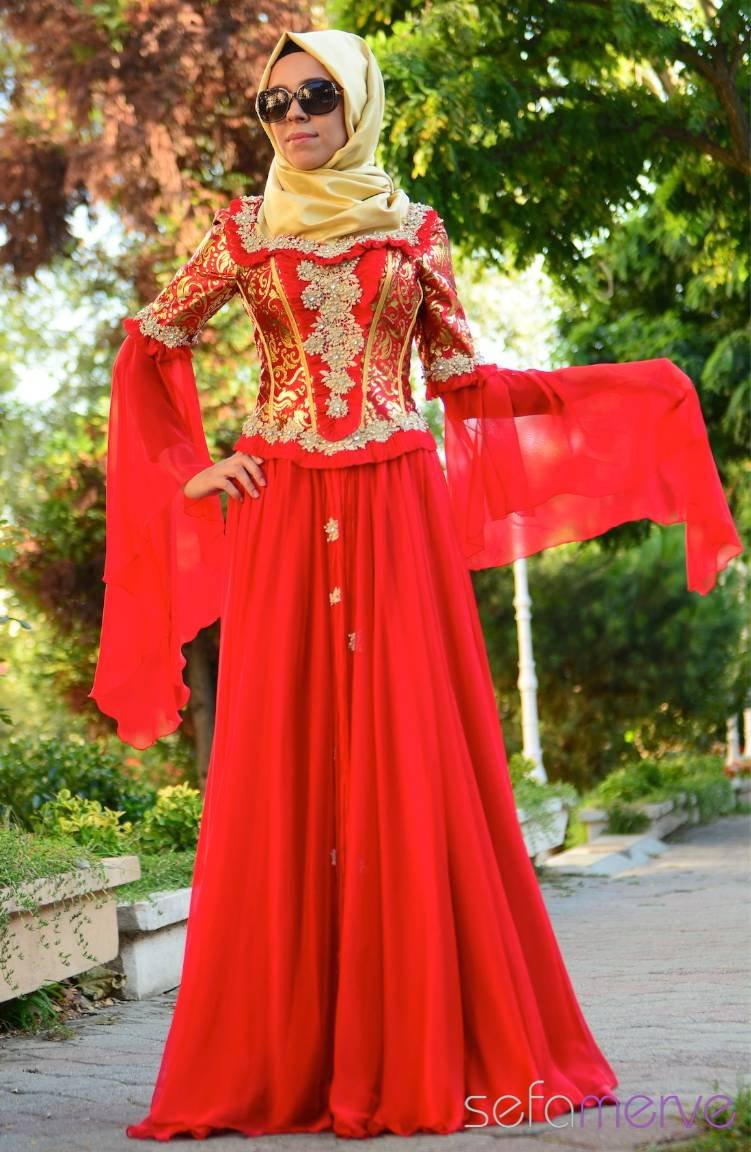 Red Hijab Evening Dress 1016-01 | Sefamerve