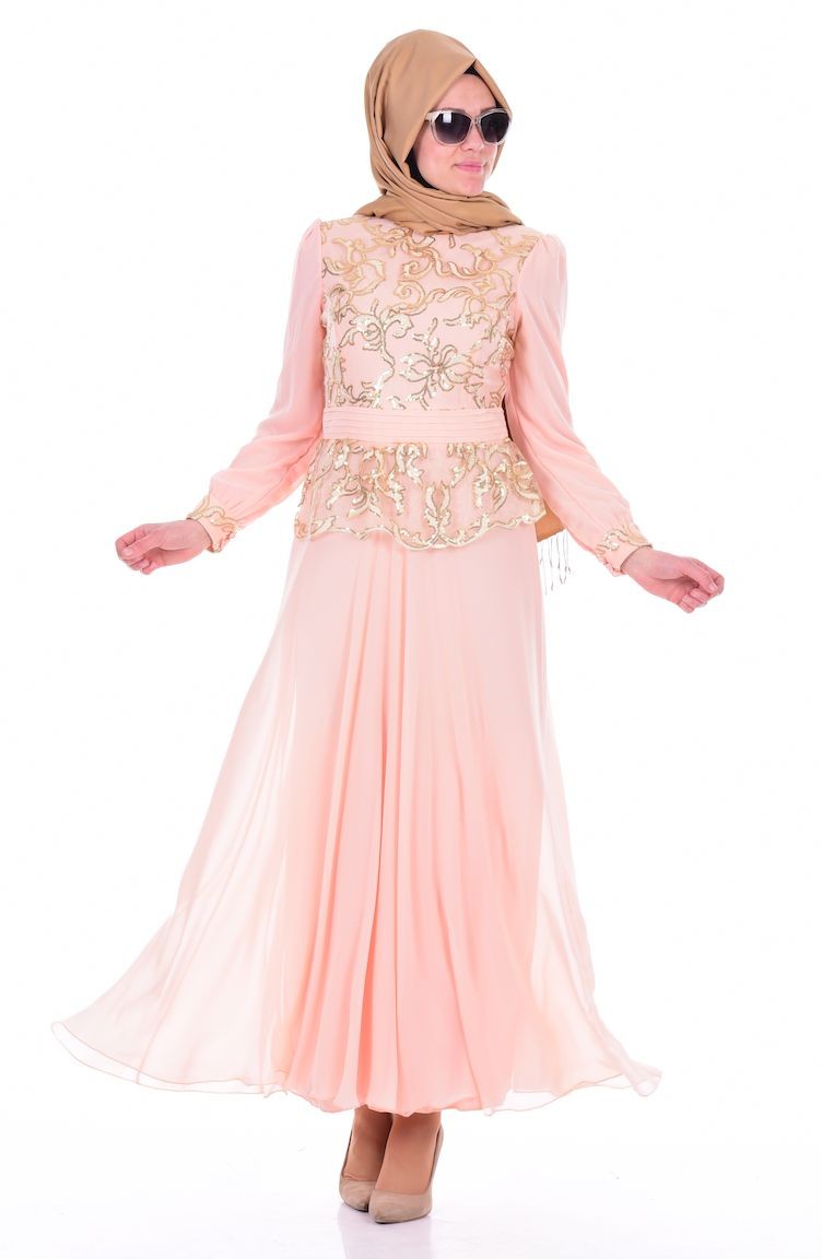 فساتين سهرة بتصميم اسلامي كاكي 7014A-01 | Sefamerve