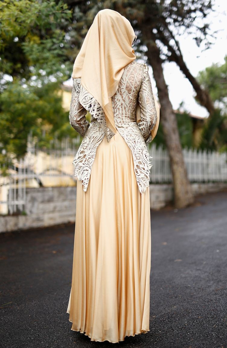 Gold Hijab Evening Dress 0004-02 | Sefamerve
